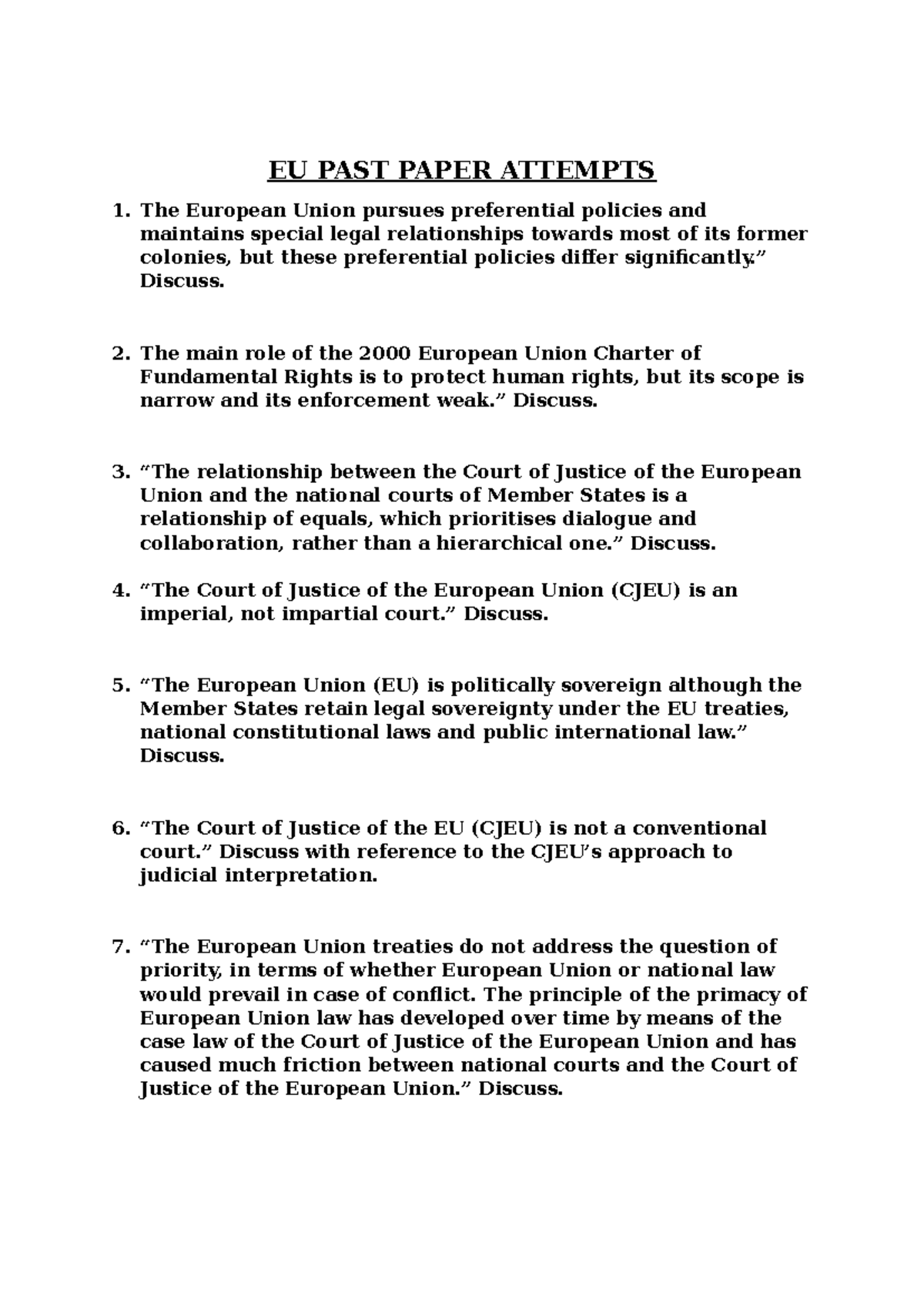 EU PAST PAPER ATTEMPTS: Analysis of Key EU Legal Issues and Cases - Studocu