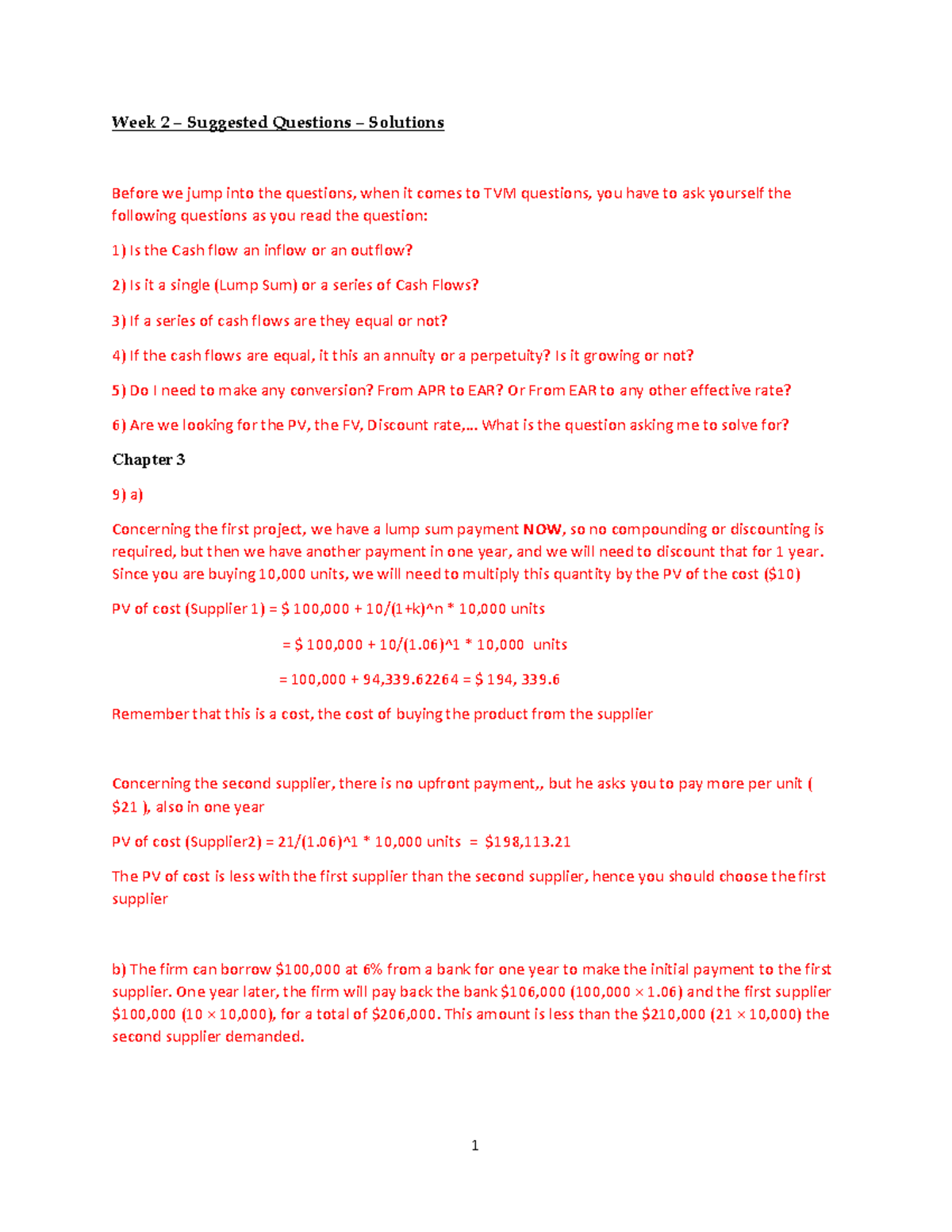 Week 2 - Suggested Questions Solutions for Time Value of Money (TVM ...