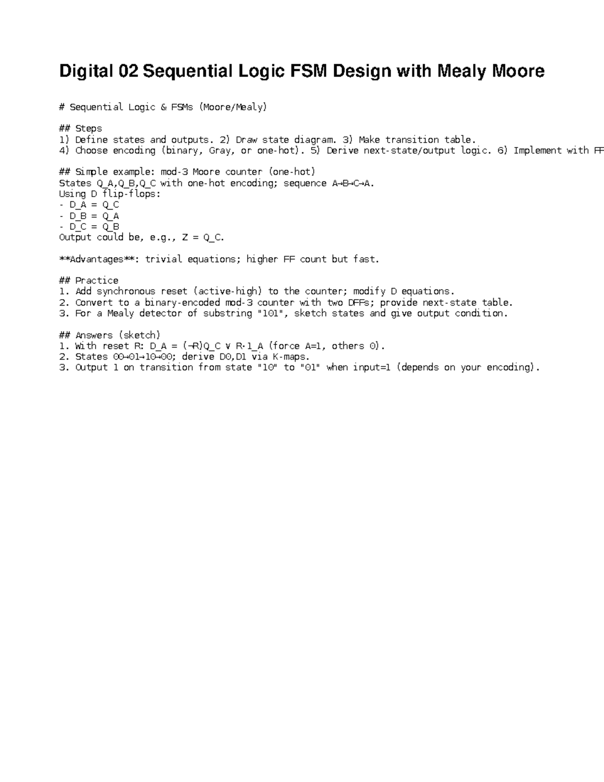 Digital 02: Mealy & Moore FSM Design Steps and Examples - Studocu
