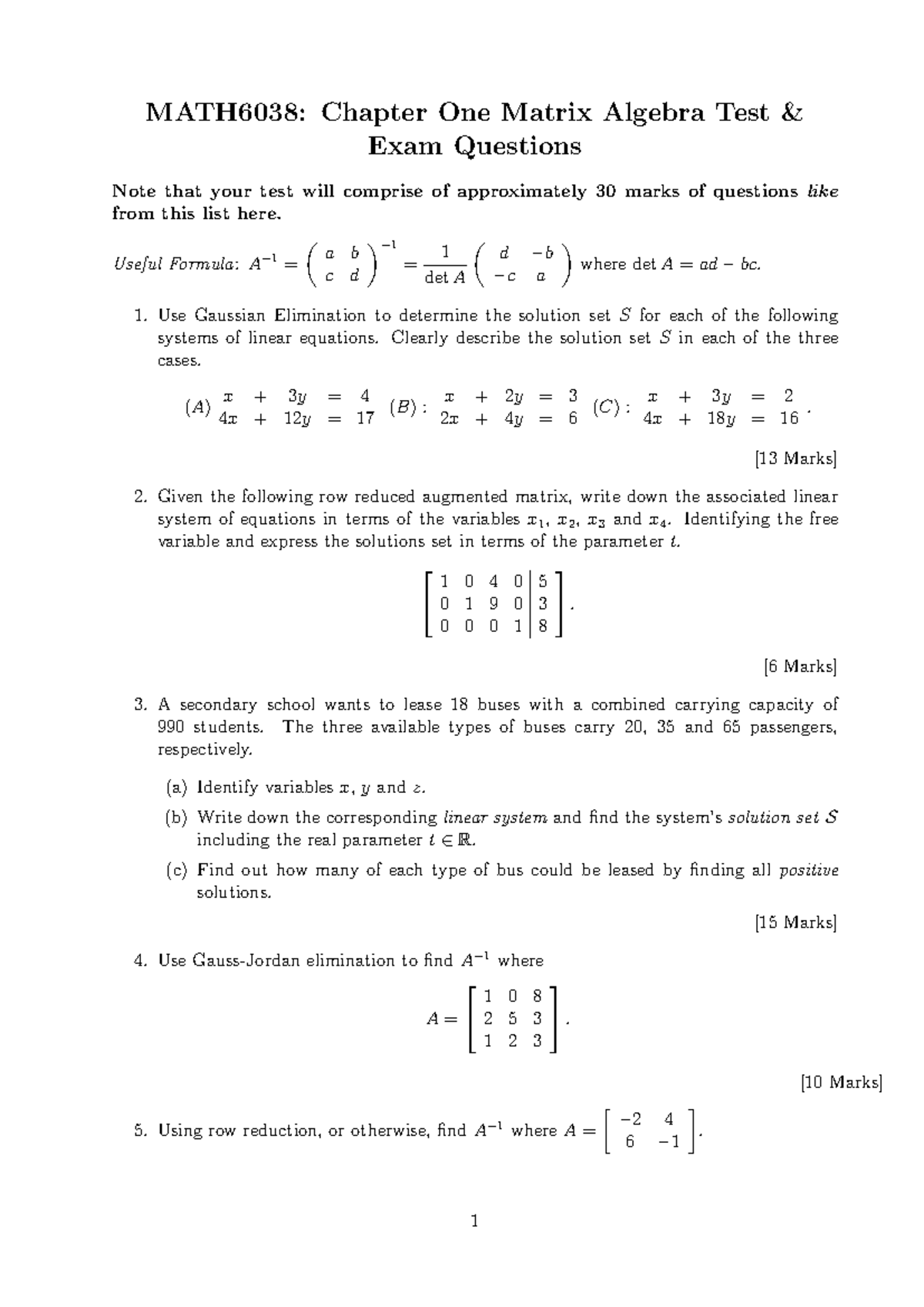 Sample 1 - Example exams - MATH6038: Chapter One Matrix Algebra Test ...