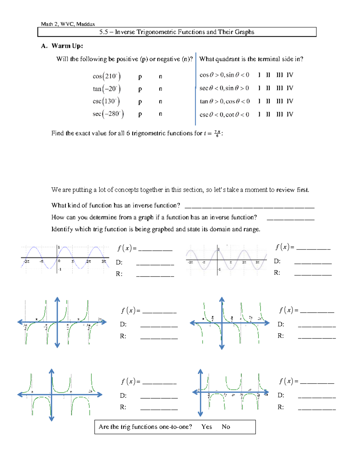 5.5 – Inverse Trigonometric Functions and Their Graphs - Warm Up: Find ...