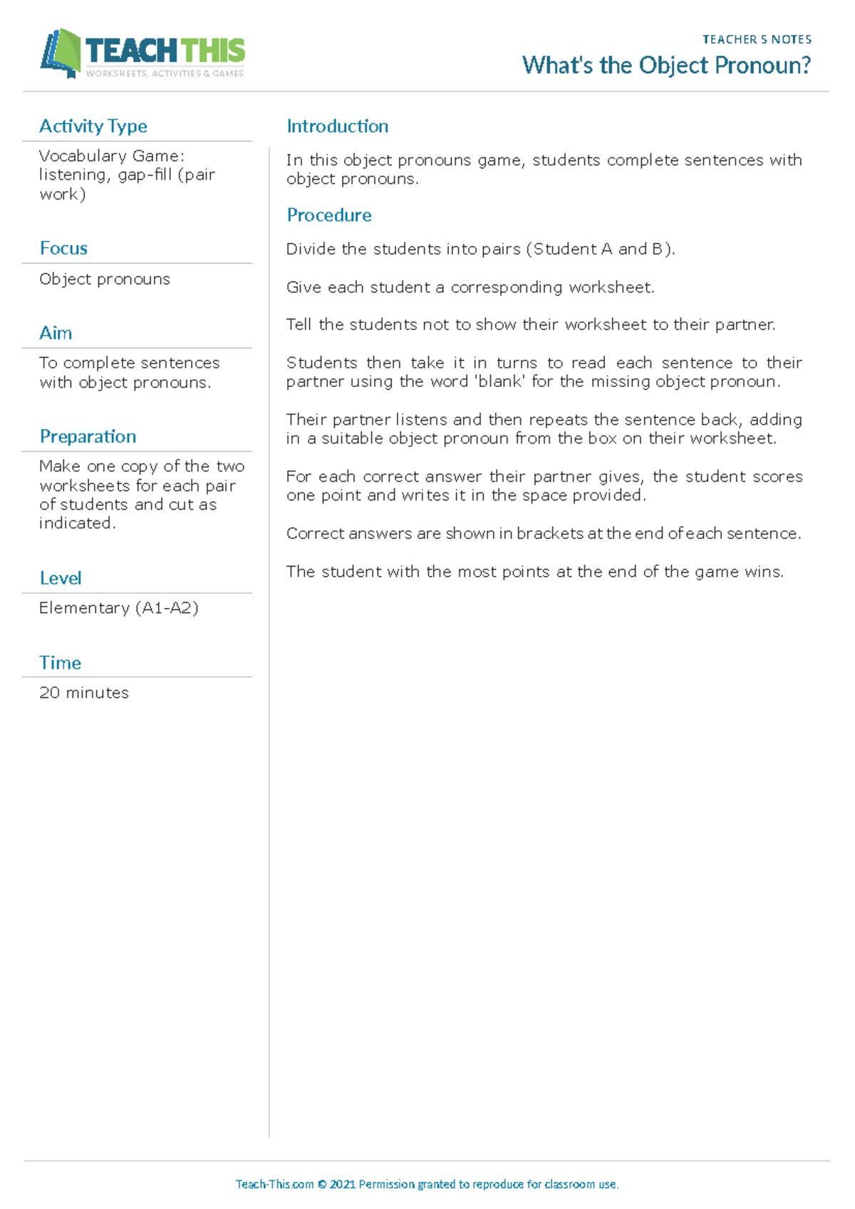 Object Pronouns Activity Notes for Elementary Level - Studocu