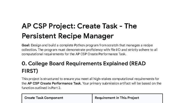 AP CSP Project: Recipe Manager Create Task Guidelines - Studocu