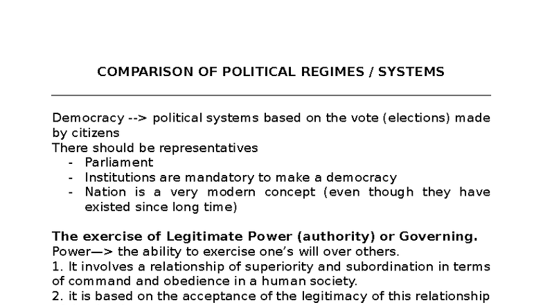 Comparison of Political Regimes: Democracy and Authority Systems - Studocu