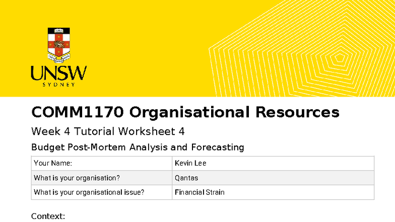 COMM1170 Week 4 Tutorial: Budget Analysis & Forecasting for Qantas ...