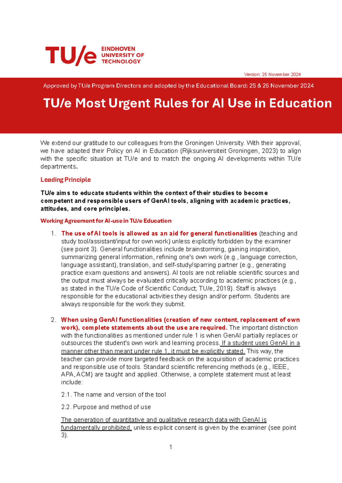 AI Rules for Responsible Use in Education (TUe) - Studeersnel