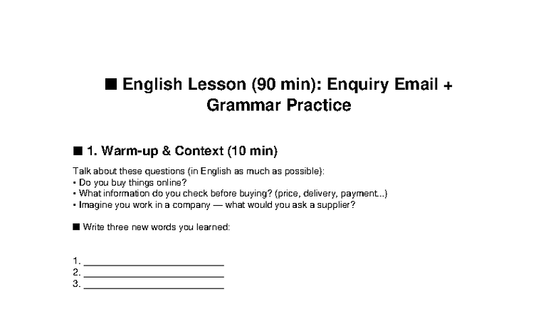 English Lesson (90 min): Enquiry Email Grammar Practice - Studocu