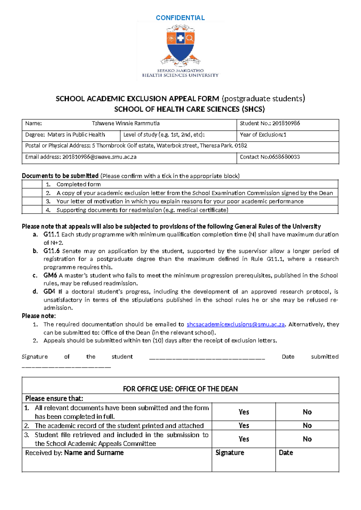 Winnie Rammutla Academic Exclusion Appeal Form (SHCS) - Studocu