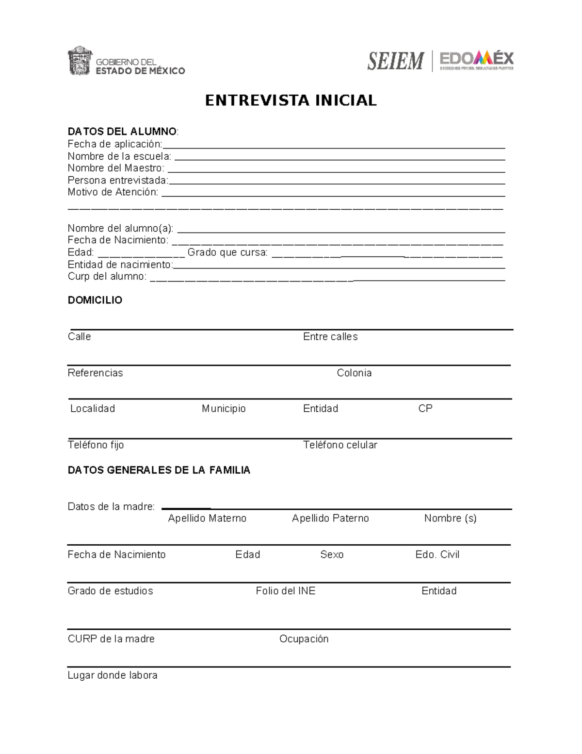 1 Entrevista CON Padres - ENTREVISTA INICIAL DATOS DEL ALUMNO: Fecha de ...