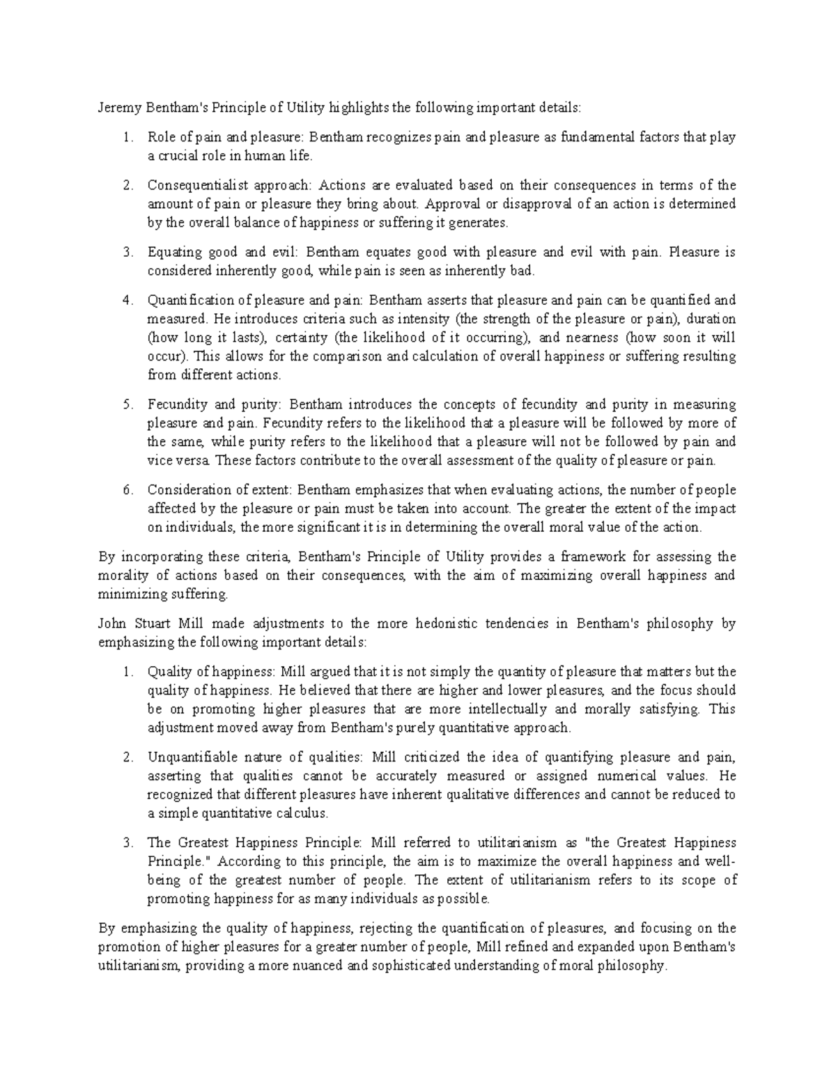 Ethics Report on Utilitarianism: Bentham vs. Mill Analysis - Studocu
