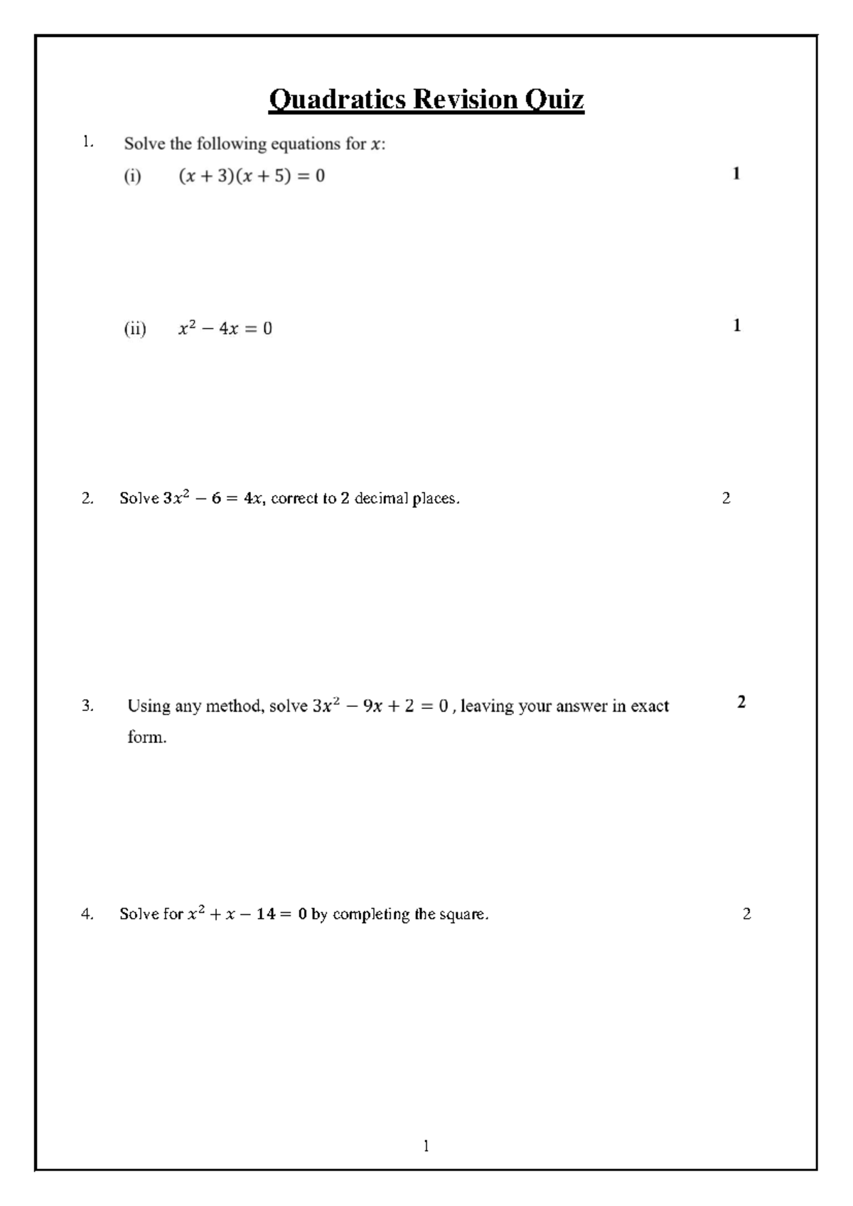 Quadratics Revision Quiz 1: Solving Techniques and Applications - Studocu