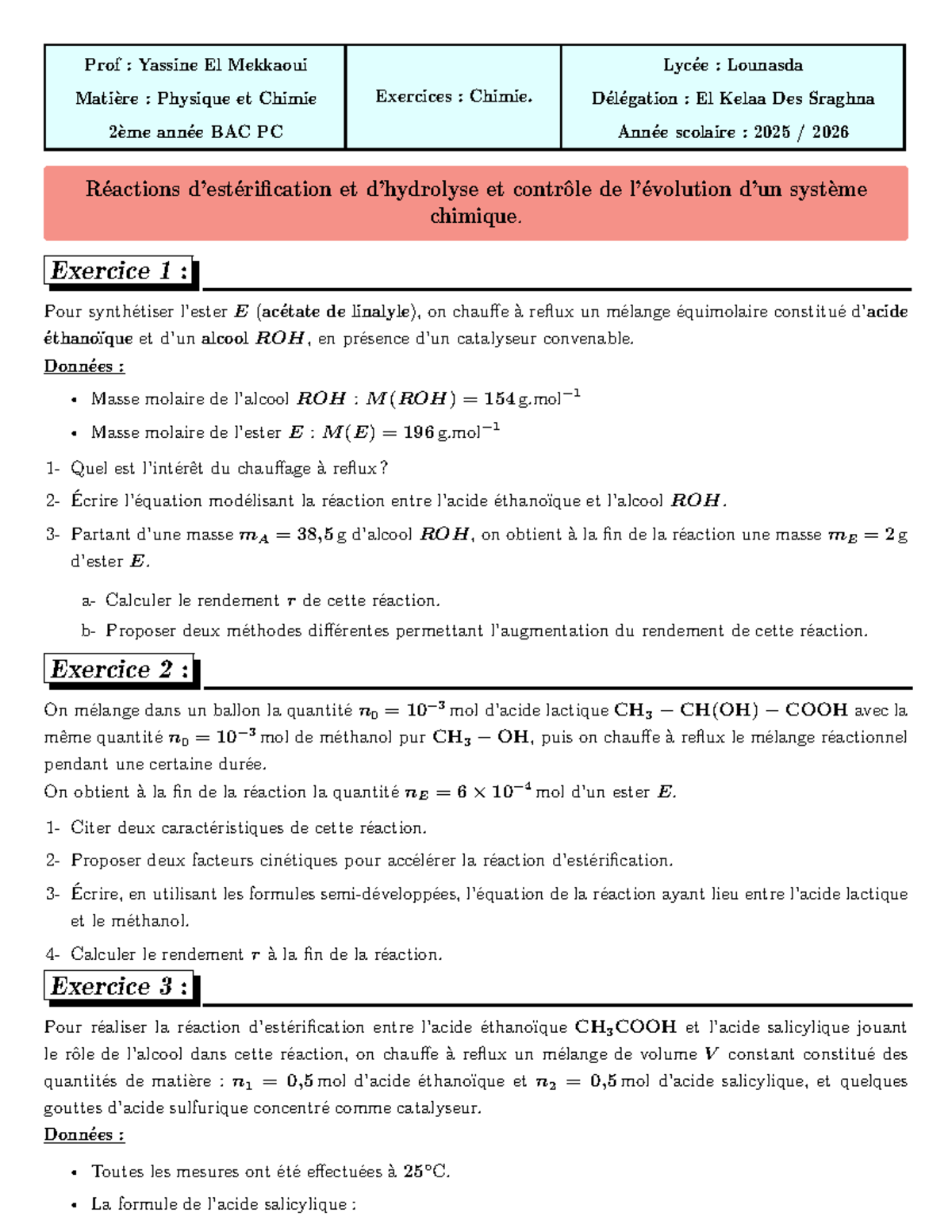 2ème BAC : Réactions d'Estérification et Hydrolyse en Chimie - Studocu