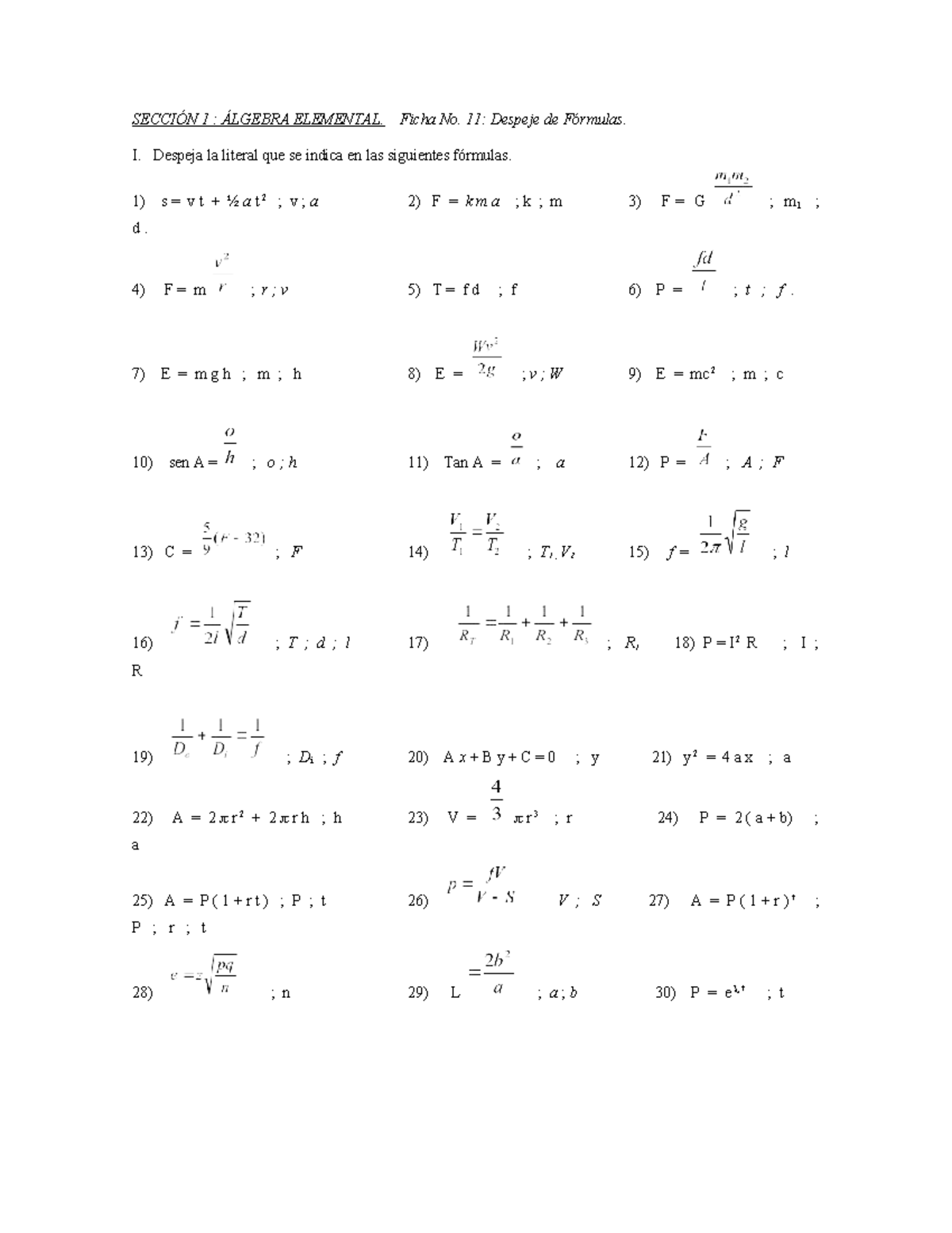 SECCIÓN 1: DESPEJE DE FÓRMULAS EN ÁLGEBRA ELEMENTAL - Studocu
