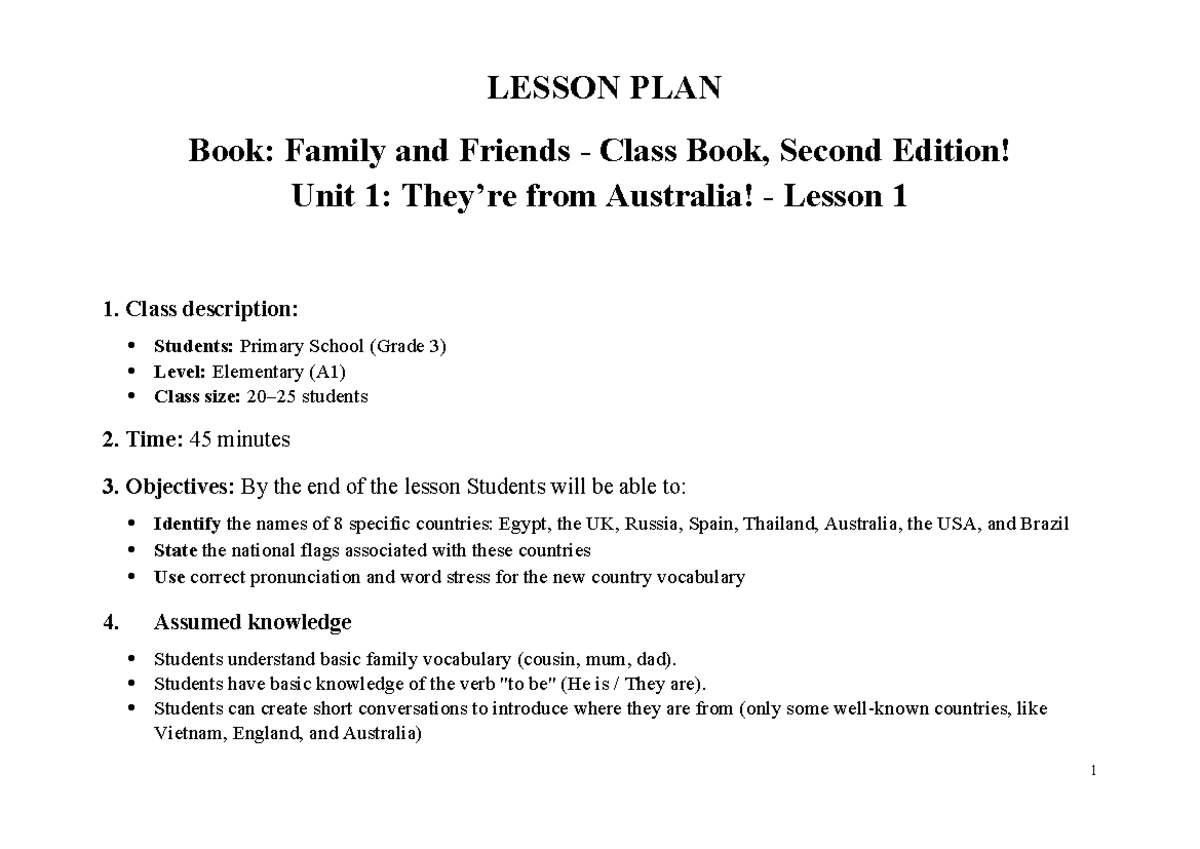 Lesson Plan: Family and Friends 2nd Ed. Unit 1 - Australia (Grade 3 ...