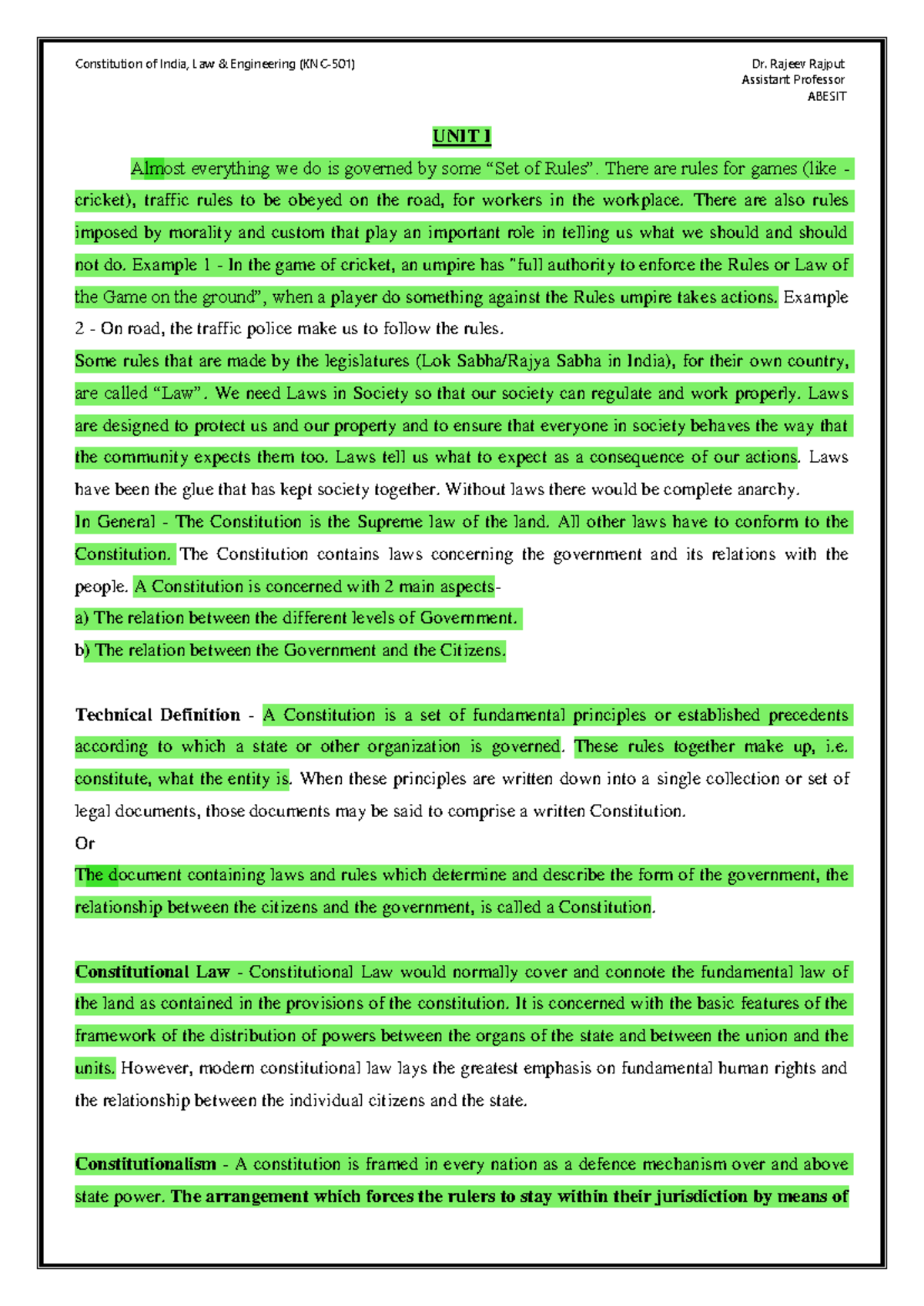 COI-UNIT-1 - Constitution of India Unit 1 Comprehensive Notes - Studocu