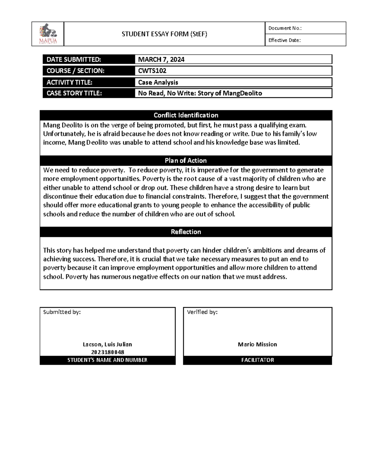 CWTS102 Case Analysis Essay: No Read, No Write - Mang Deolito - Studocu