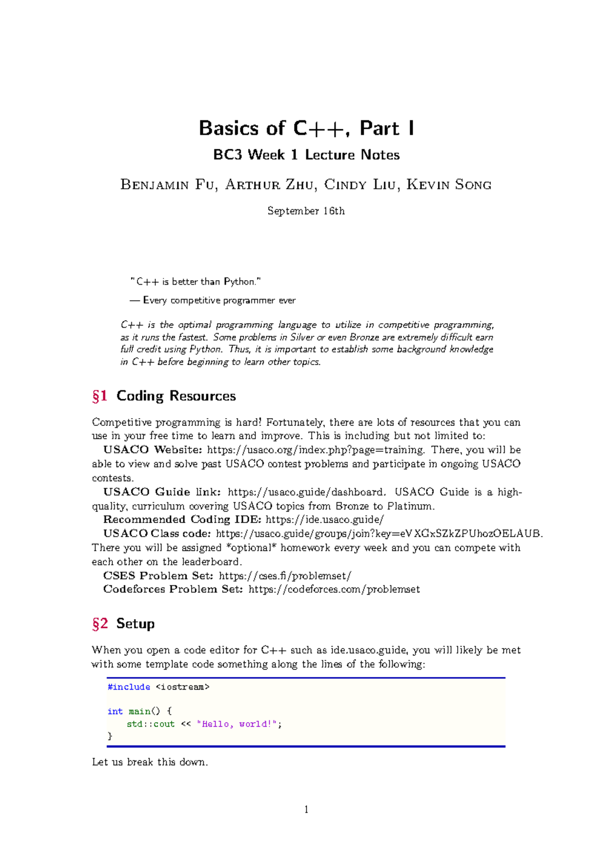 C++ Basics for Competitive Programming: Lecture Notes BC3 Week 1 - Studocu