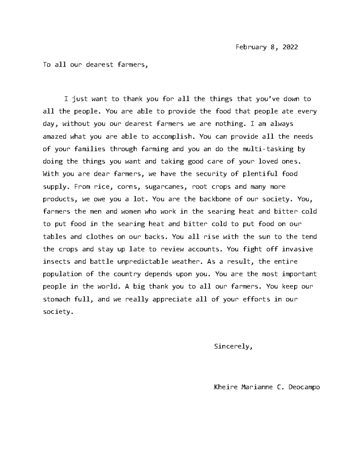 Thank you letter to a farmer - February 8, 2022 To all our dearest ...
