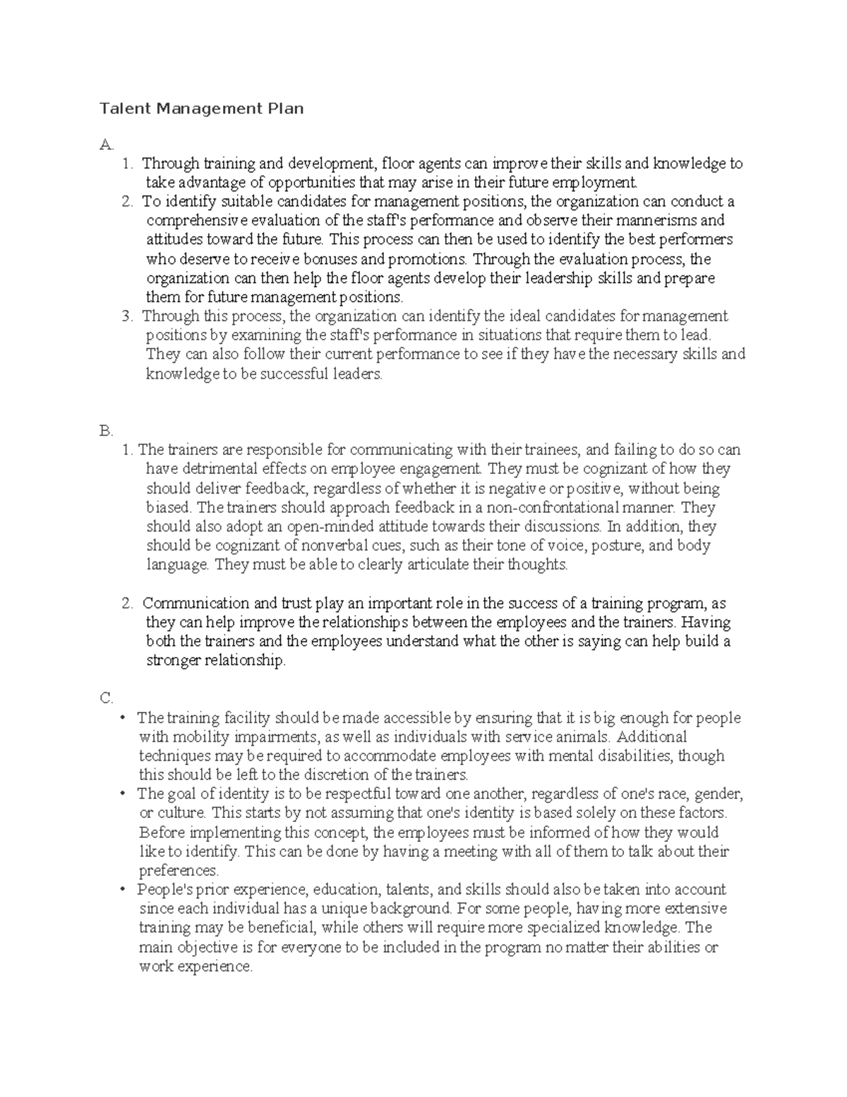 D353 Strategic Training and Development Task 3 - Talent Management Plan ...
