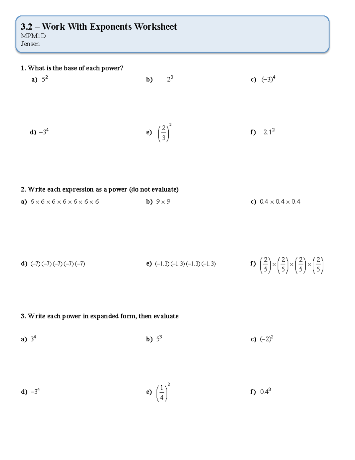 MPM1D Exponents Worksheet - Base, Power, and Evaluation - Studocu