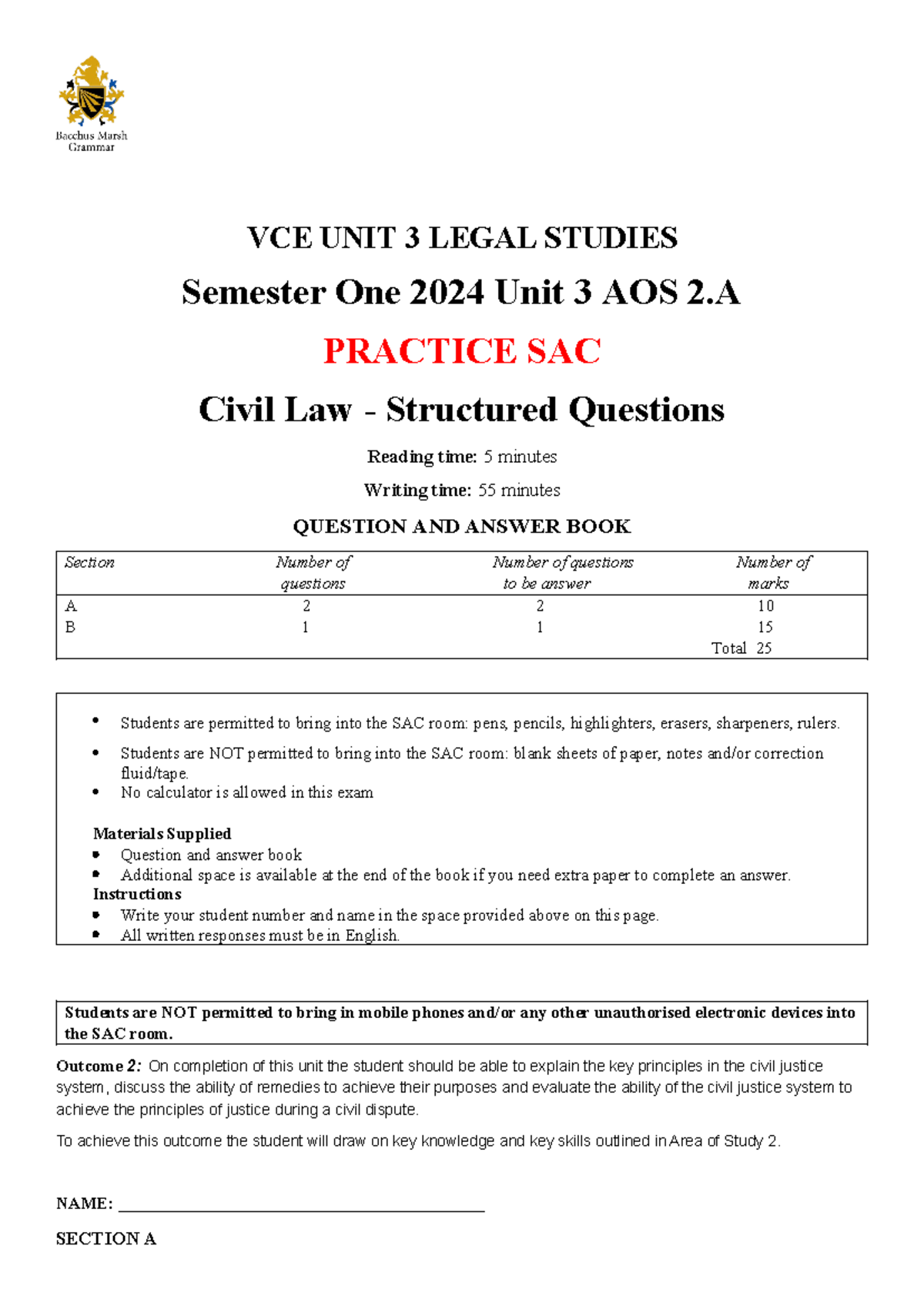 Unit 3 AOS 2 Practice SAC - Civil Law Structured Questions - Studocu