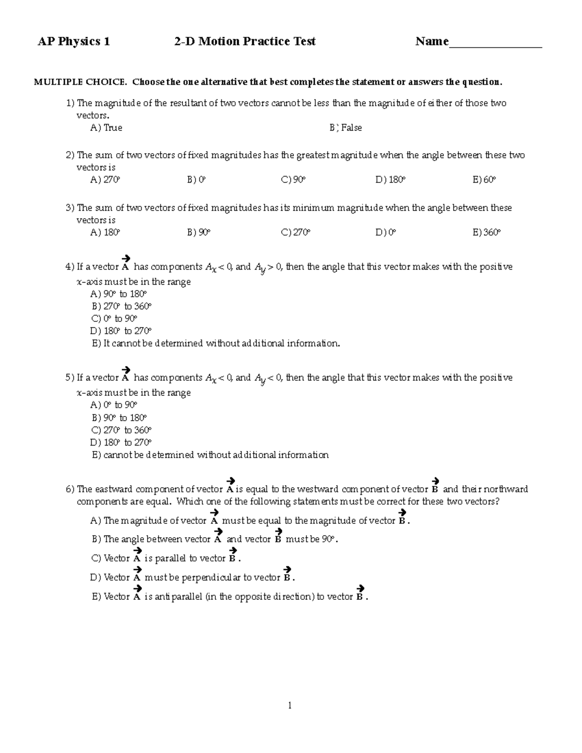 AP Physics 1 Midterm: 2-D Motion Practice Test - Studocu