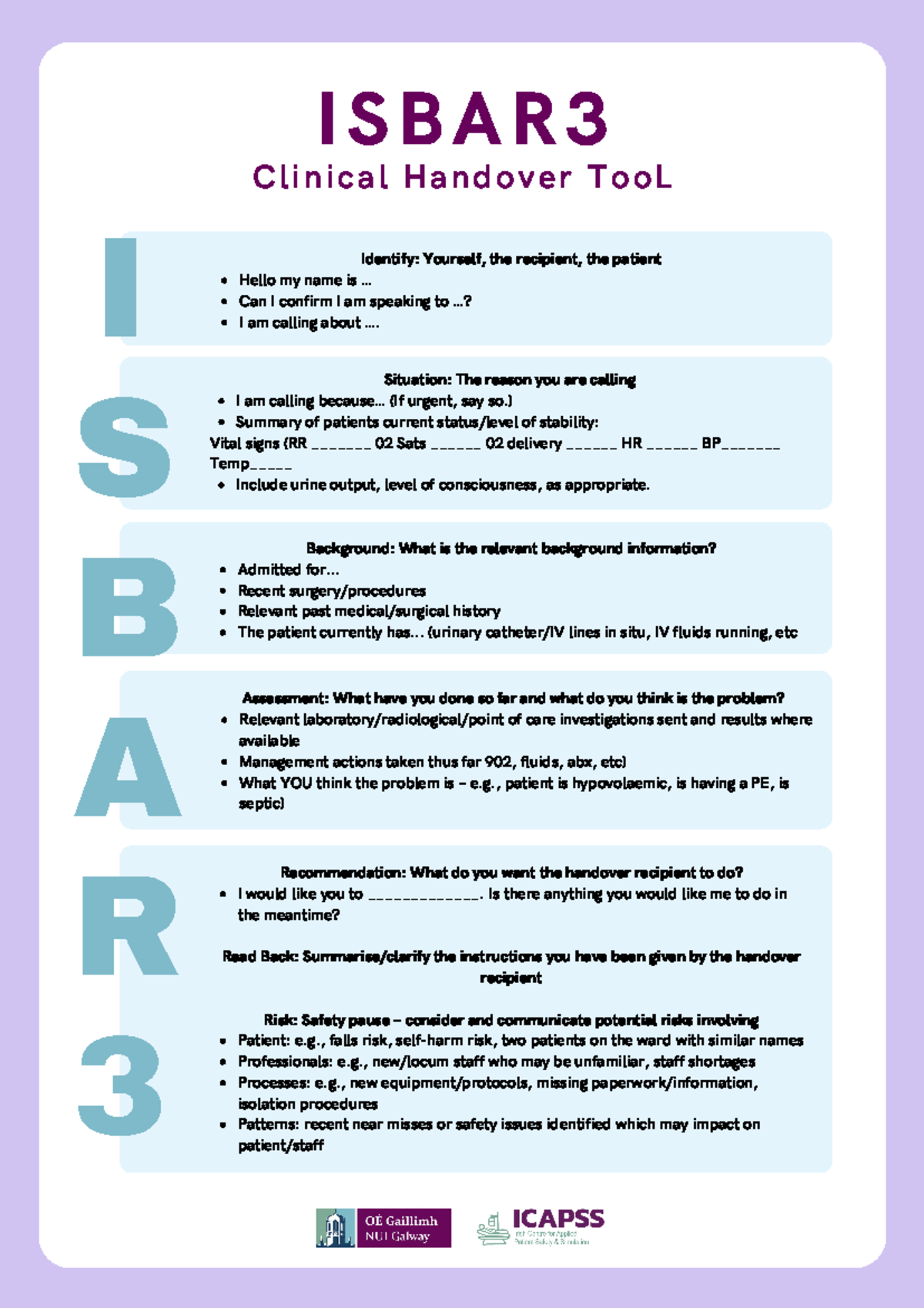 ISBAR tool for OSCE - I S B A R 3 C l i n i c a l H a n d o v e r T o o ...