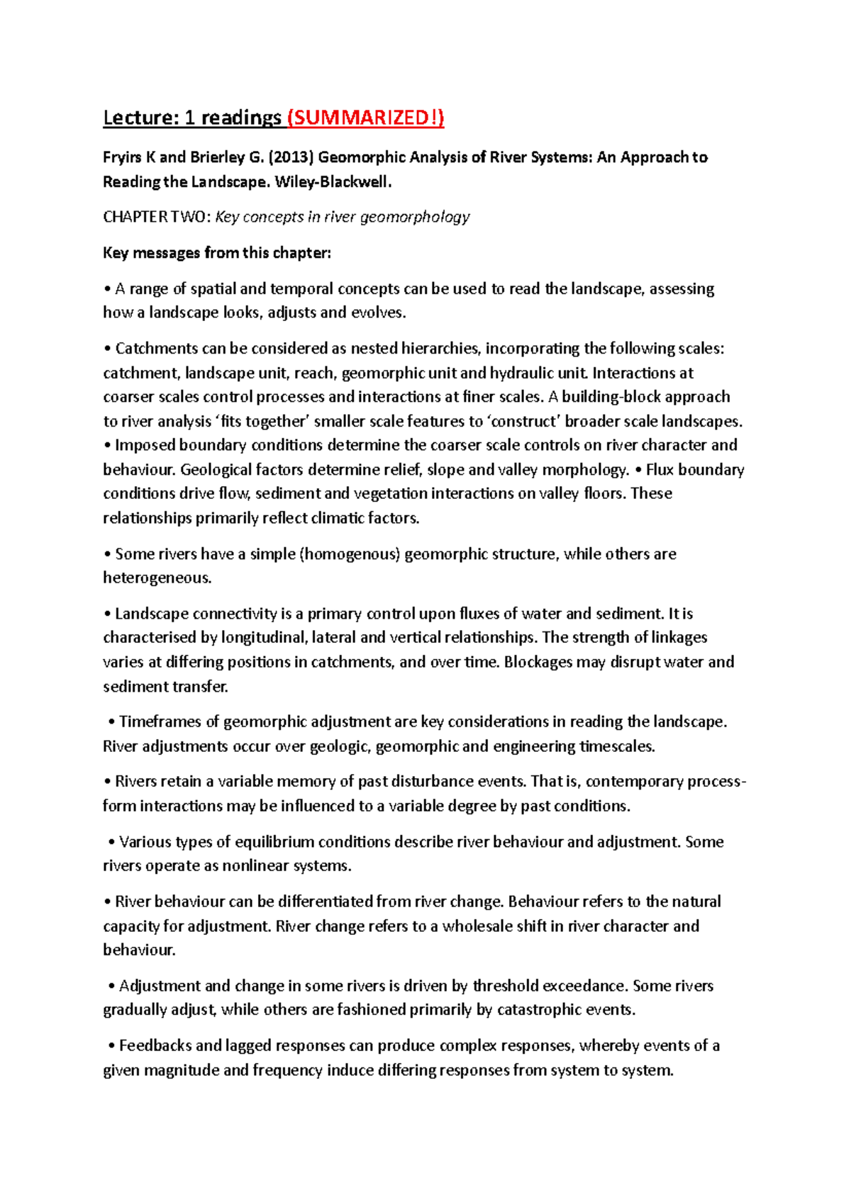 Geo 358 Lecture Readings Summarized: Key Concepts in River Geomorphology - Studocu