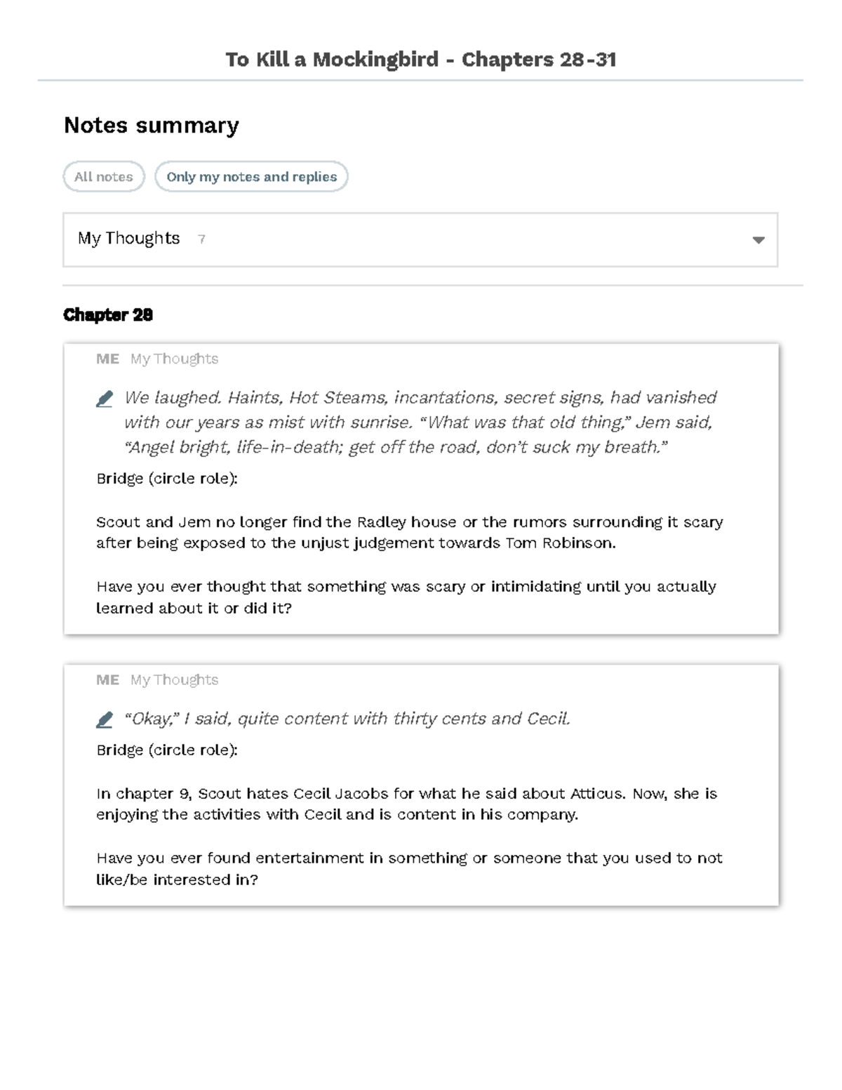 To Kill a Mockingbird - Chapter 28-31 Notes & Reflections - Studocu