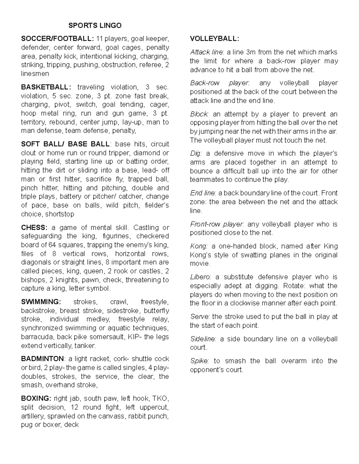 Sports Terminology and Definitions for Various Games - Studocu