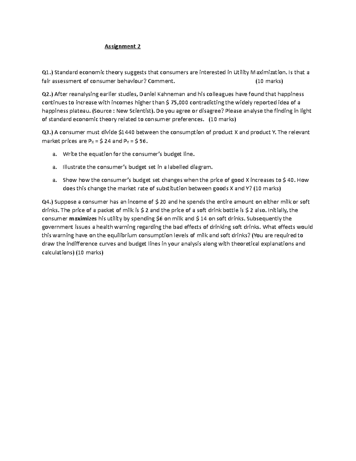 Economics Assignment 2: Consumer Behavior & Utility Analysis - Studocu