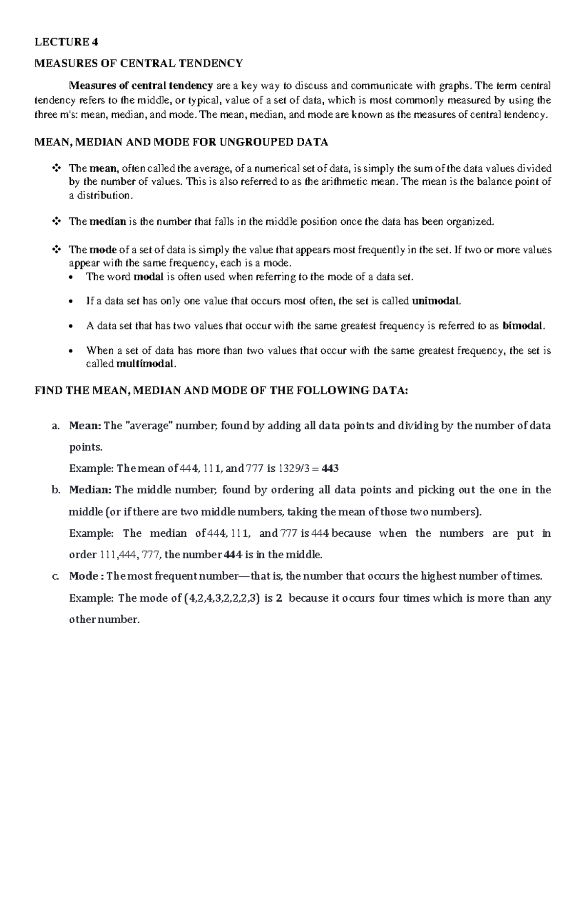 LECTURE 4: MEASURES OF CENTRAL TENDENCY AND DATA ANALYSIS - Studocu
