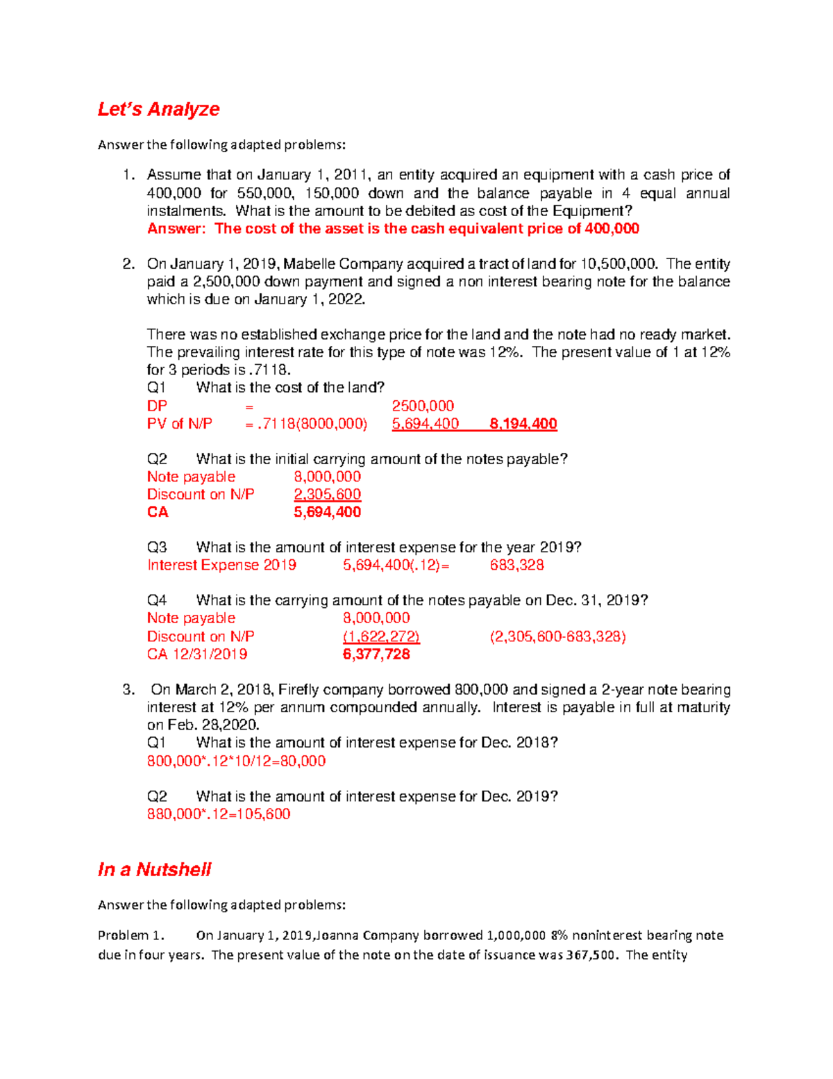 Works about Note payable with answer key - Let’s Analyze Answer the ...