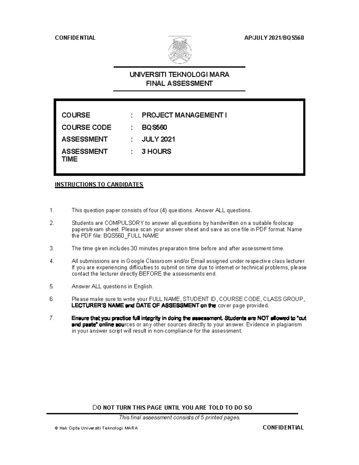 BQS560 Final Assessment: Project Management Past Year Exam Paper - Studocu