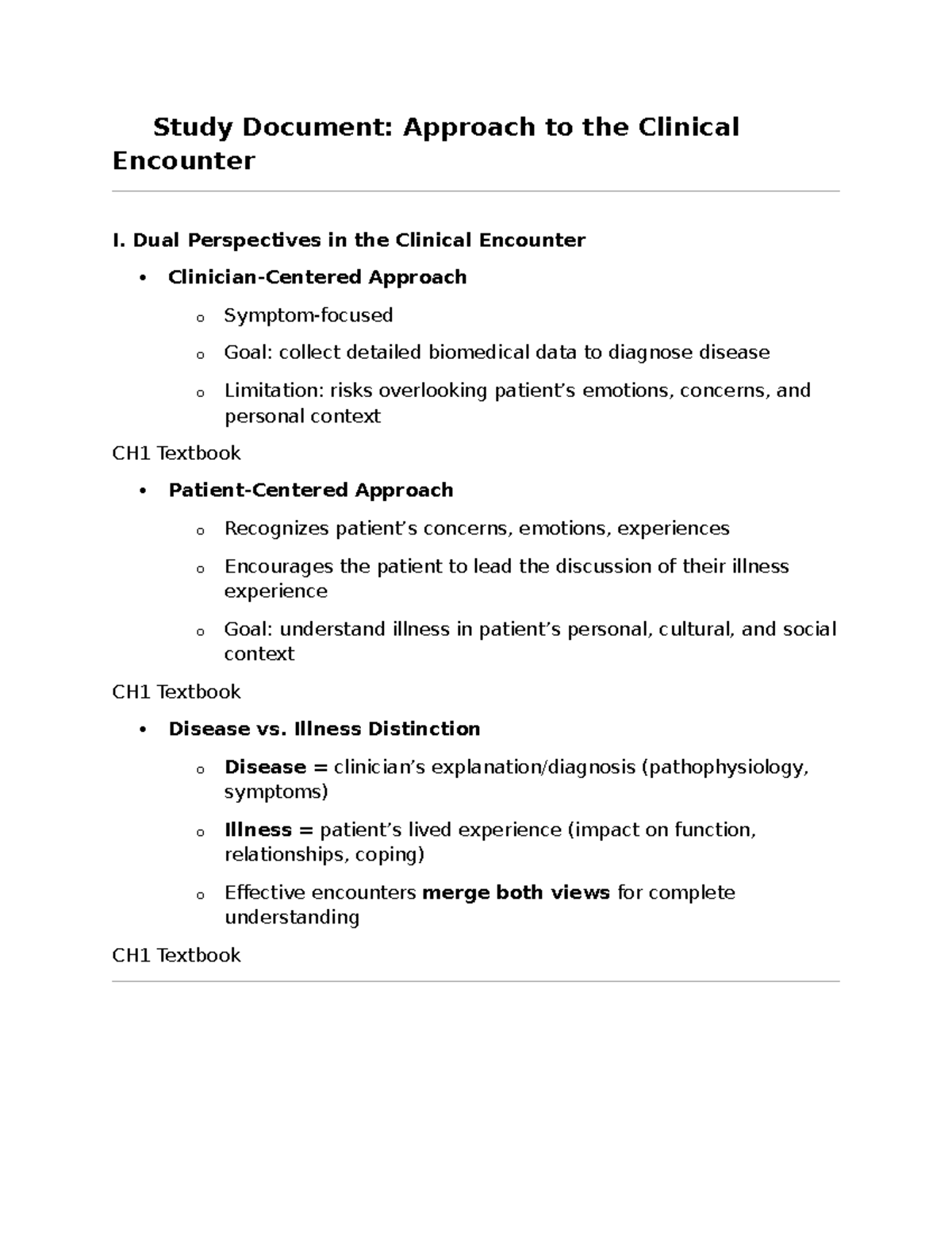 Clinical Encounter I: Approaches & Techniques (CH1 Lecture Notes) - Studocu