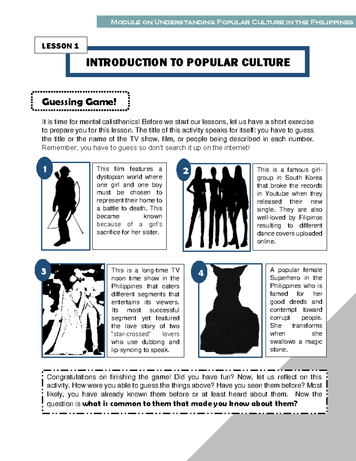 UNIT 2 Lesson 1 - Introduction to Popular Culture - Congratulations on ...
