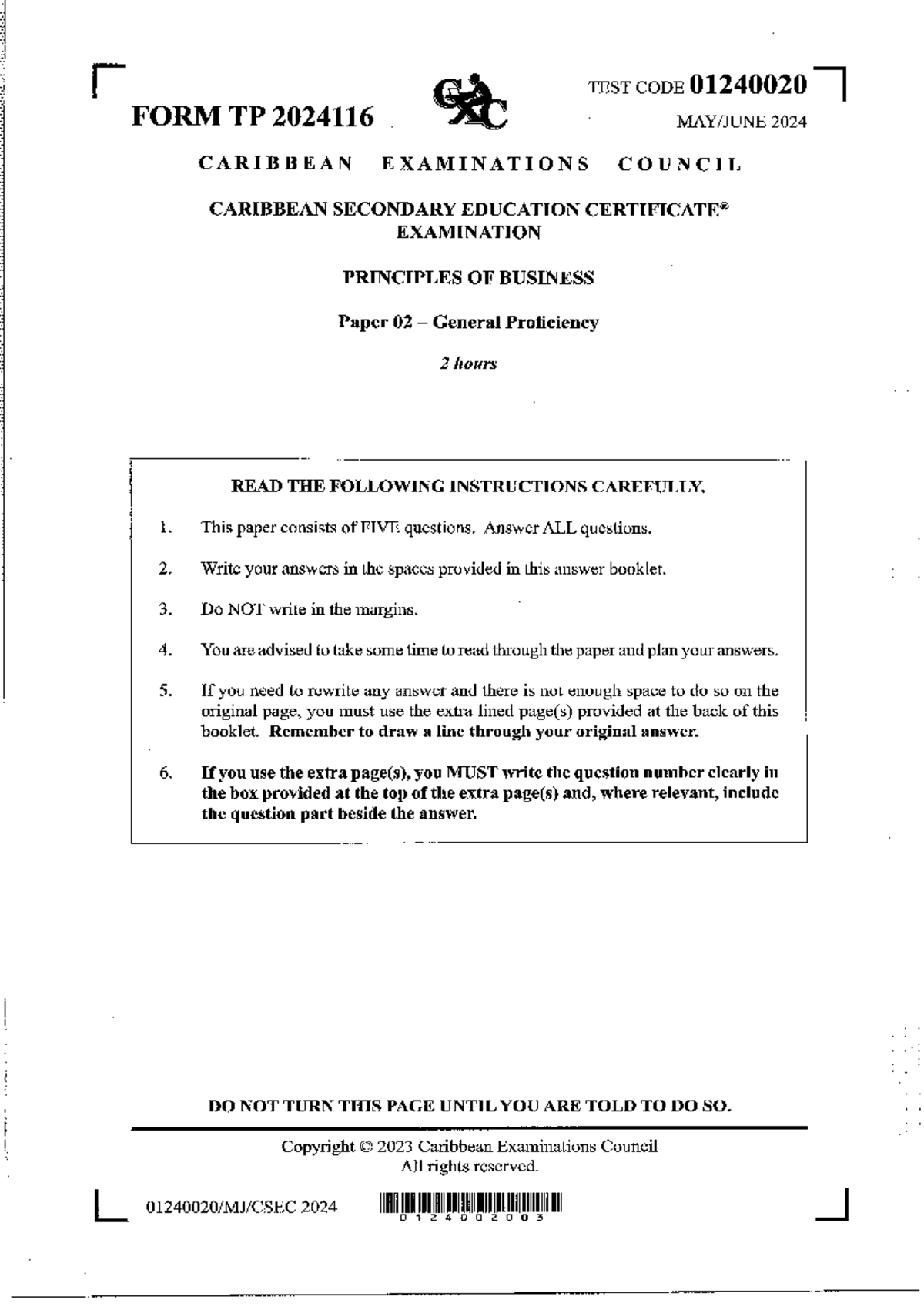 CSEC POB Paper 02 2024 - General Proficiency Exam Instructions - Studocu