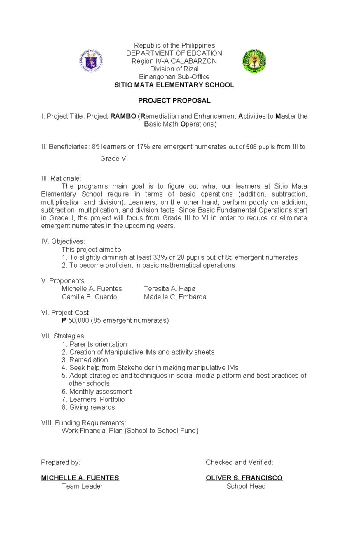 Project Proposal Rambo - Republic of the Philippines DEPARTMENT OF ...