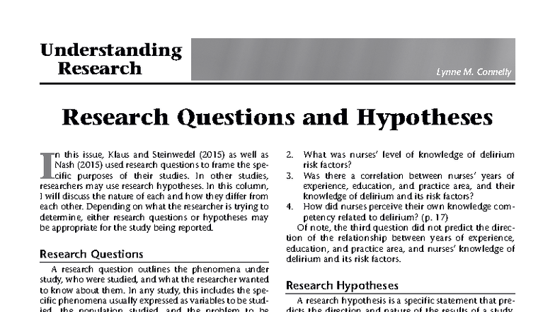 Research Questions and Hypotheses in Nursing Research (NURS 101) - Studocu