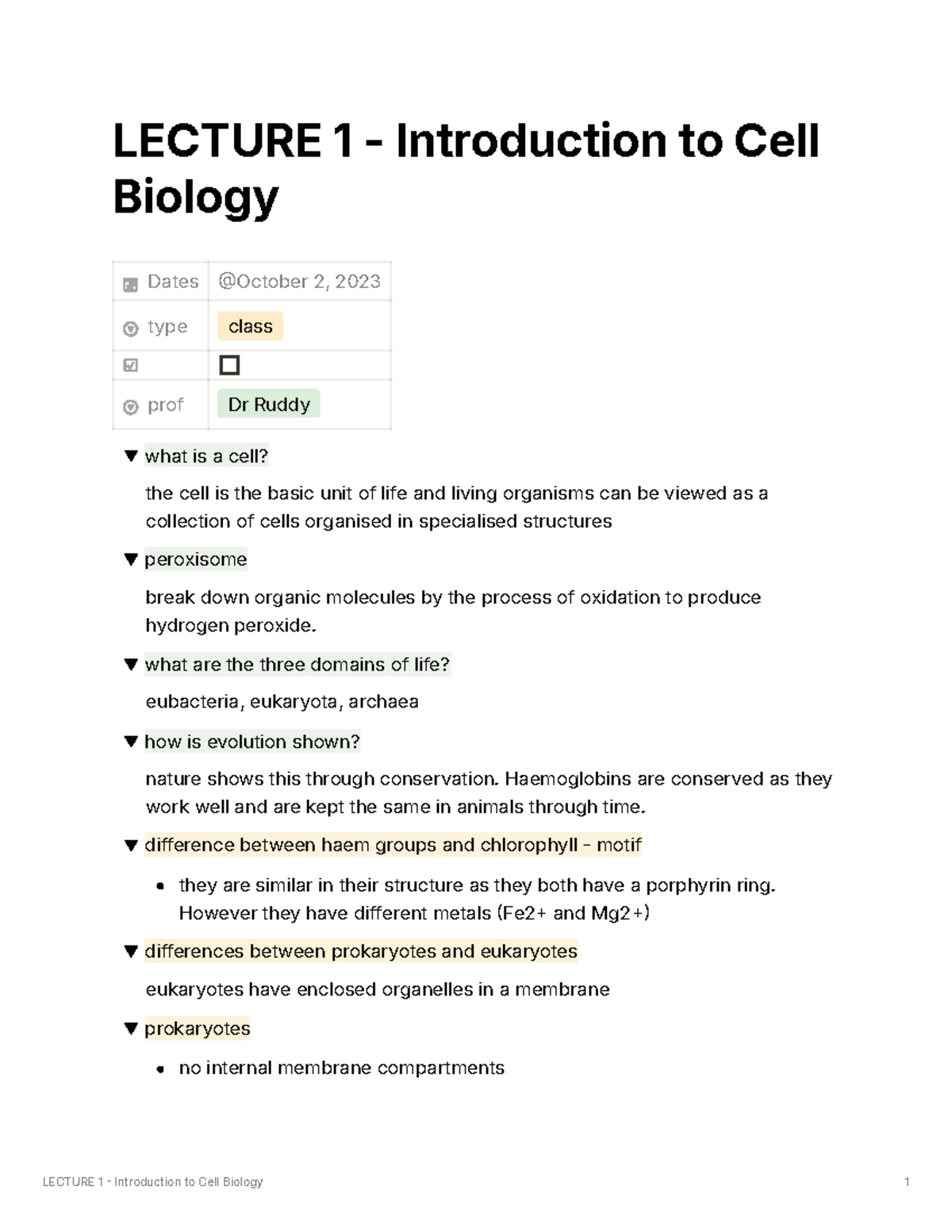 Lecture 1 - Intro to Cell Biology: Key Concepts & Structures - Studocu