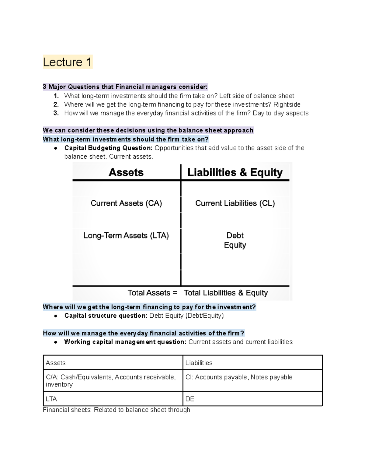 Applied Finance Class Notes 2309: Key Questions for Financial Managers ...