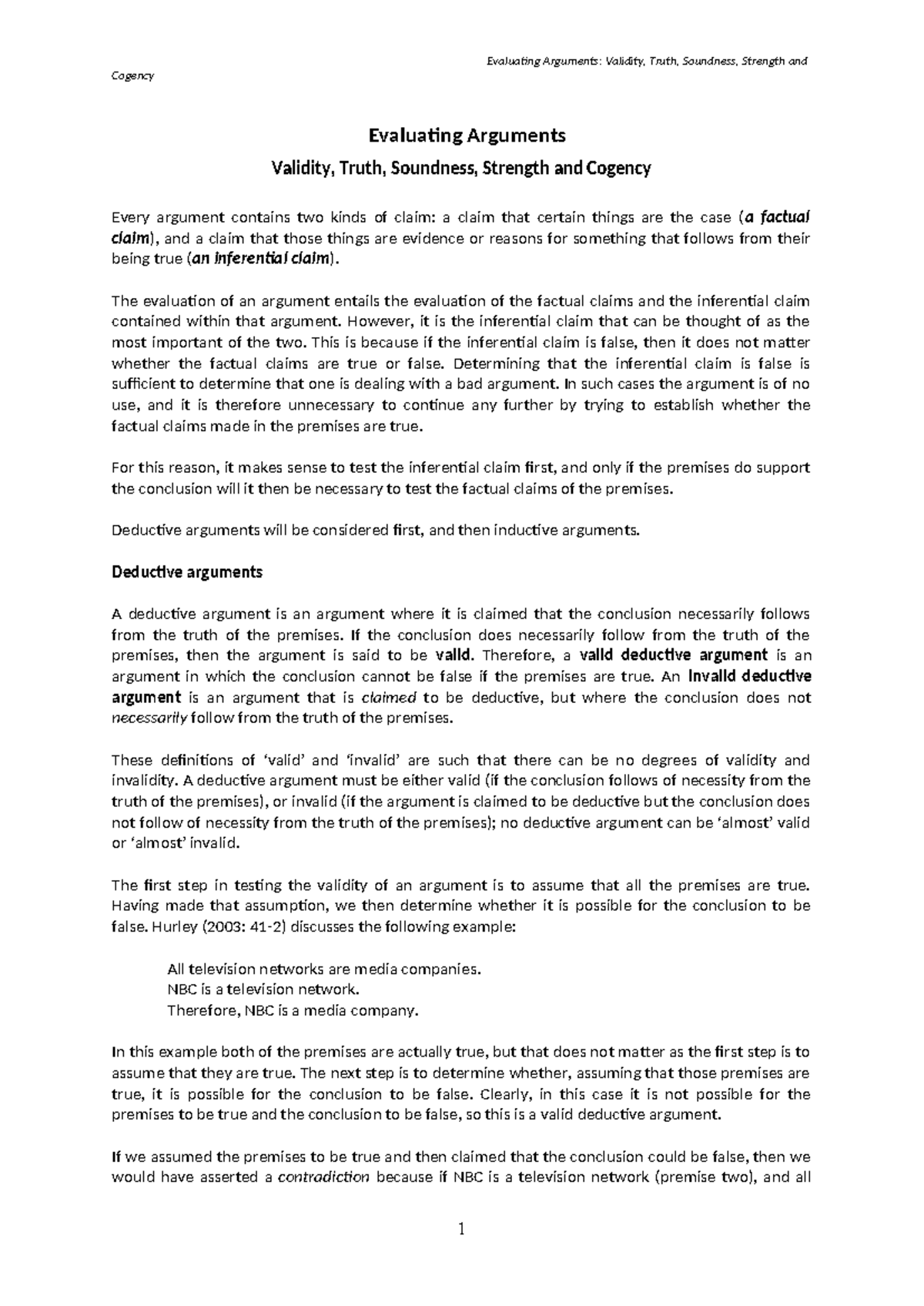 Evaluating Arguments: Validity, Soundness, and Cogency Insights - Studocu