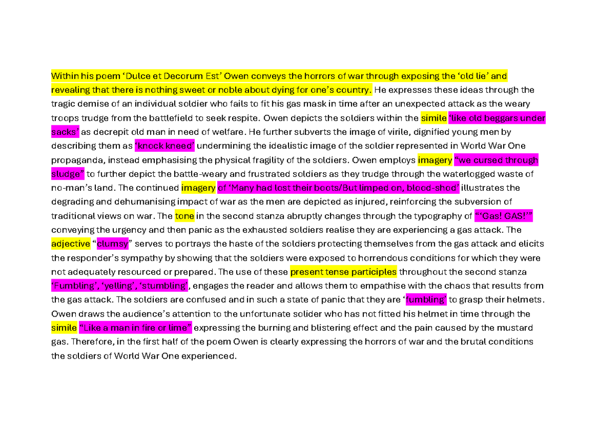 Sample Essay Notes: Dulce Et Decorum Est Analysis (ENG 101) - Studocu