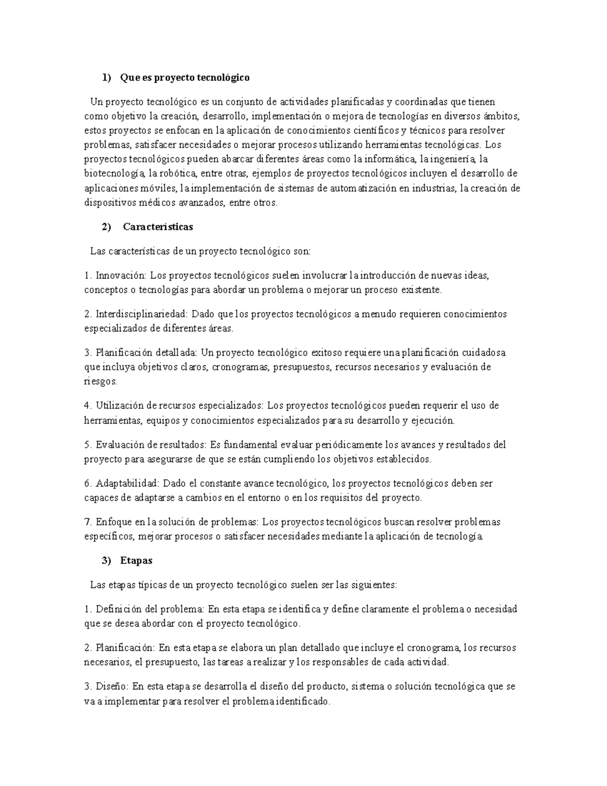 Proyecto Tecnológico: Definición, Características y Etapas Clave - Studocu
