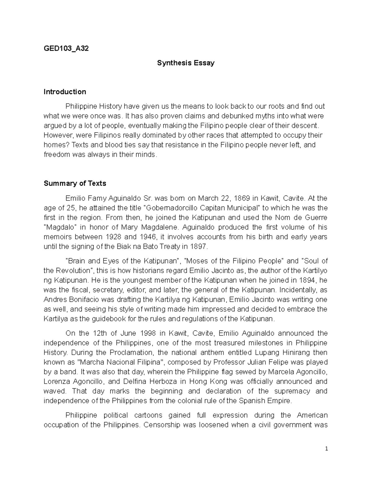 GED103 Synthesis - GED103_A Synthesis Essay Introduction Philippine ...