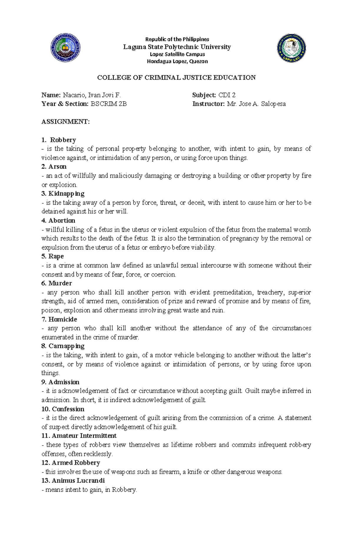CDI 2 assignment 1: Overview of criminal offenses and definitions - Studocu