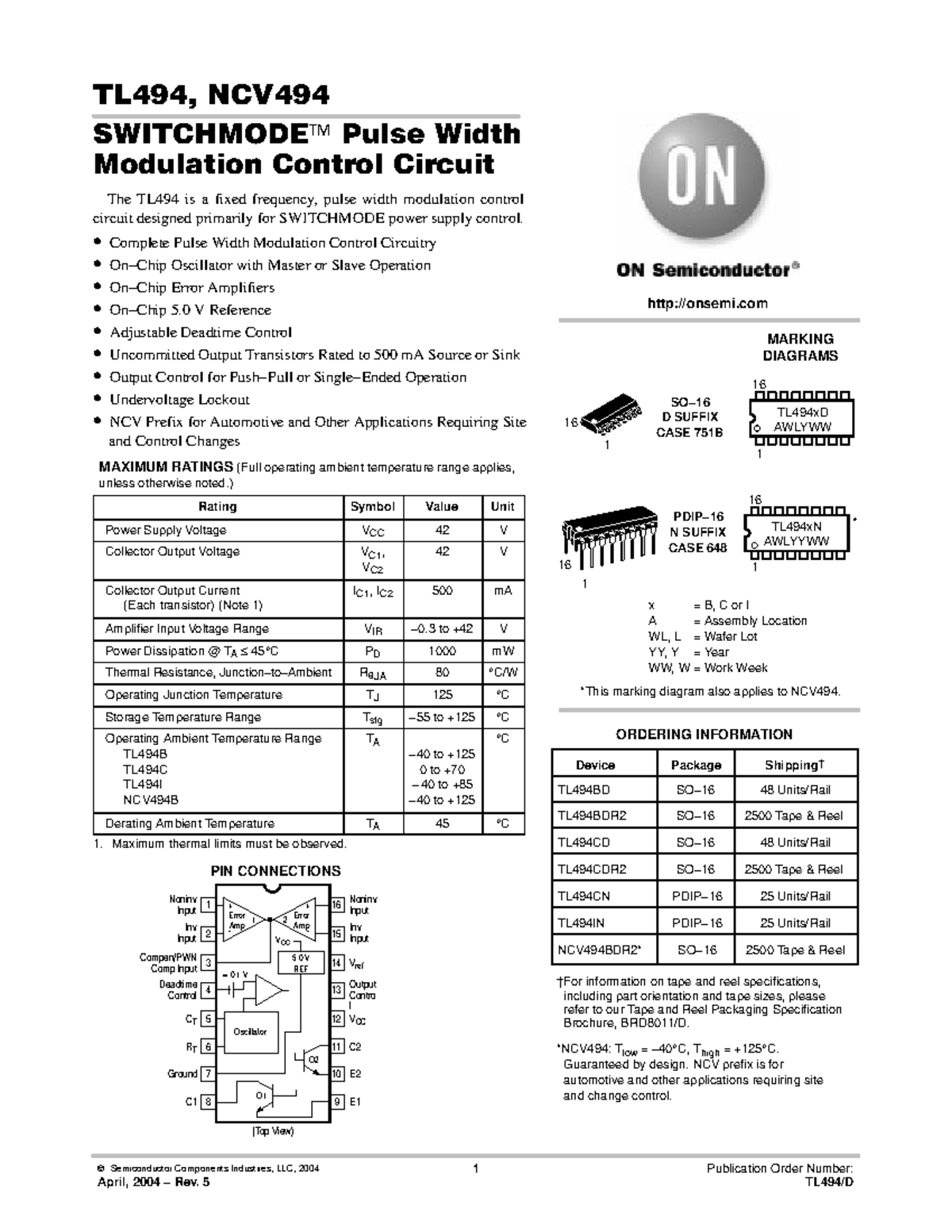 TL494, NCV494 pulse width modulation control circuit overview - Studocu