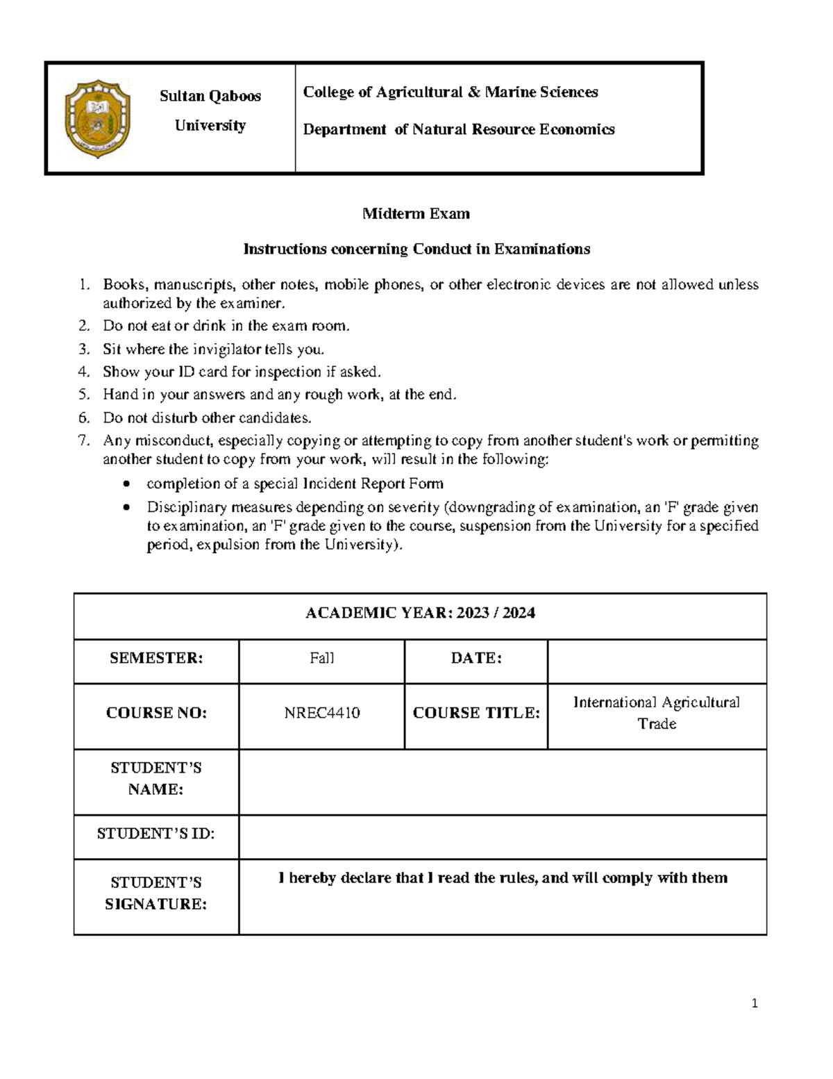 NREC4410 F23 Midterm Exam Instructions and Guidelines - Studocu