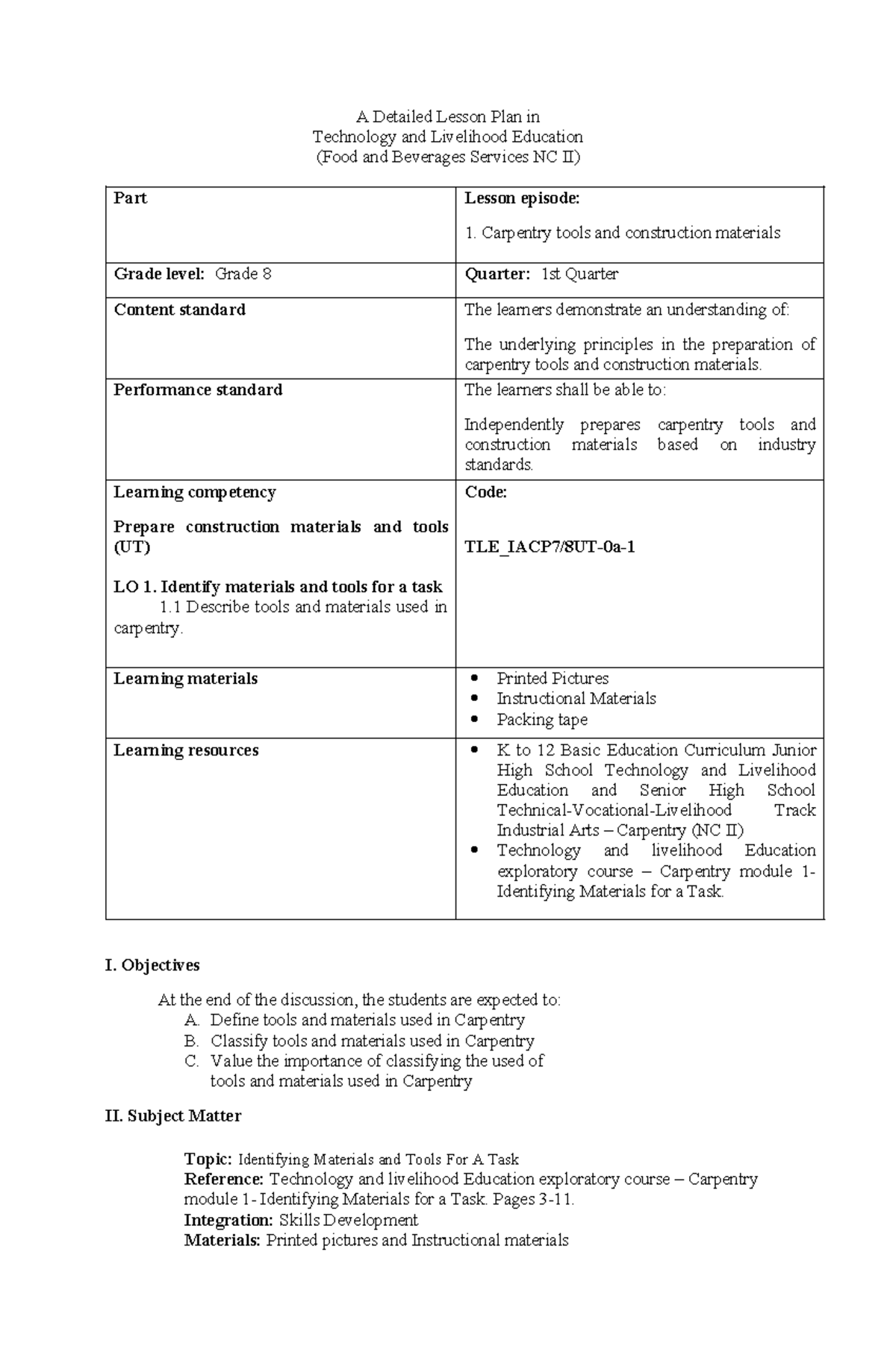 Detailed Lesson Plan: Carpentry Tools & Materials for DT 023902 - Studocu
