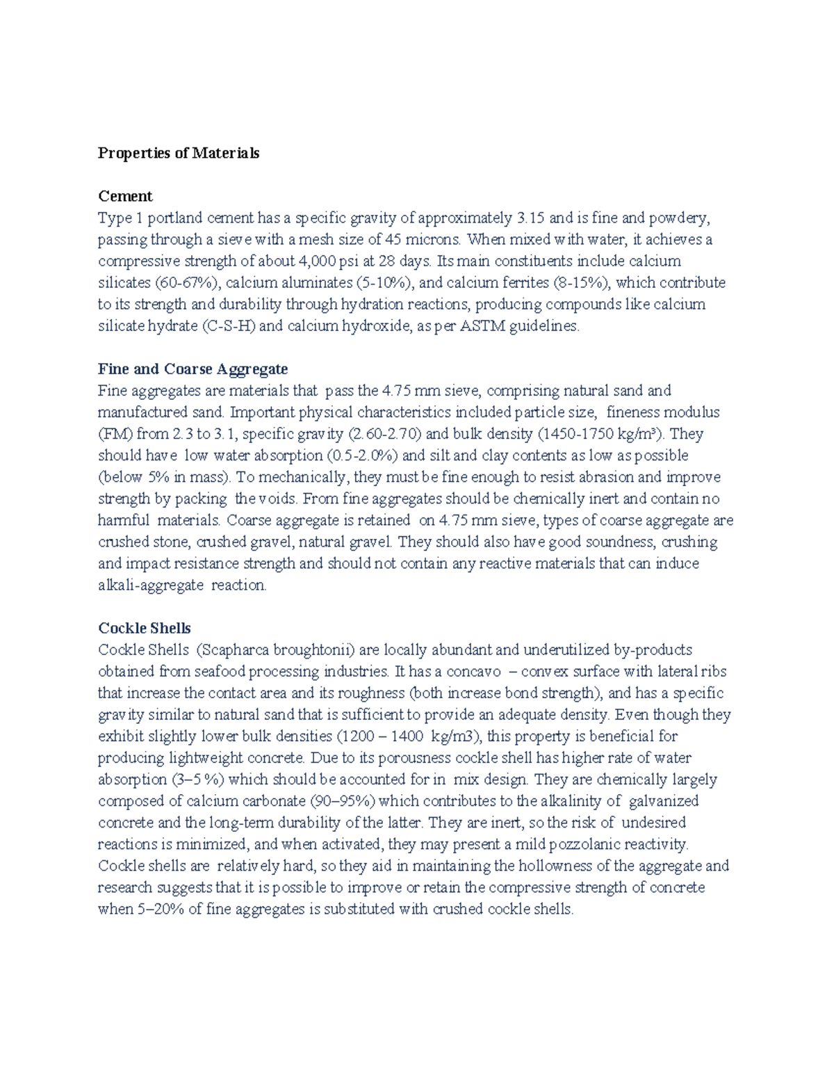 Properties of Materials: Cement and Aggregates Analysis - Studocu